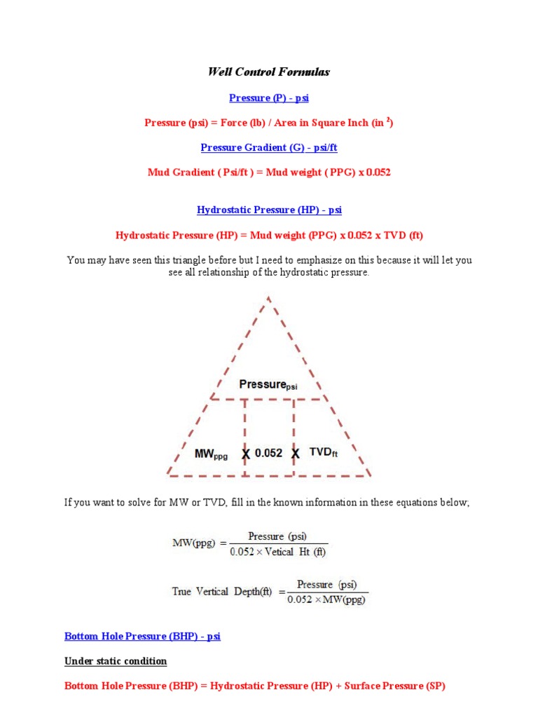 Well Control Formulas | Chemical Engineering | Continuum Mechanics