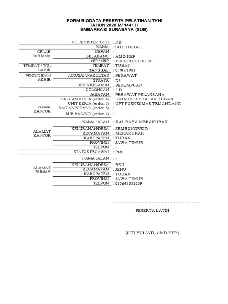 Form Biodata Peserta Pelatihan Tkhi | PDF