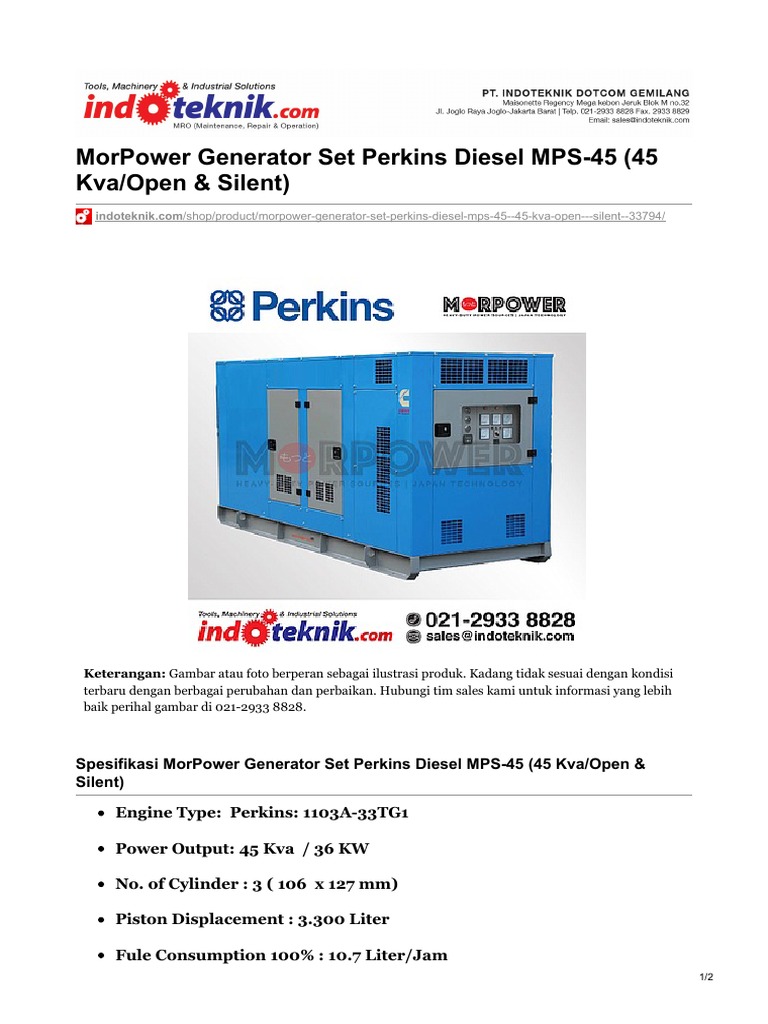 MorPower Generator Set Perkins Diesel MPS-45 45 KvaOpen Silent | PDF