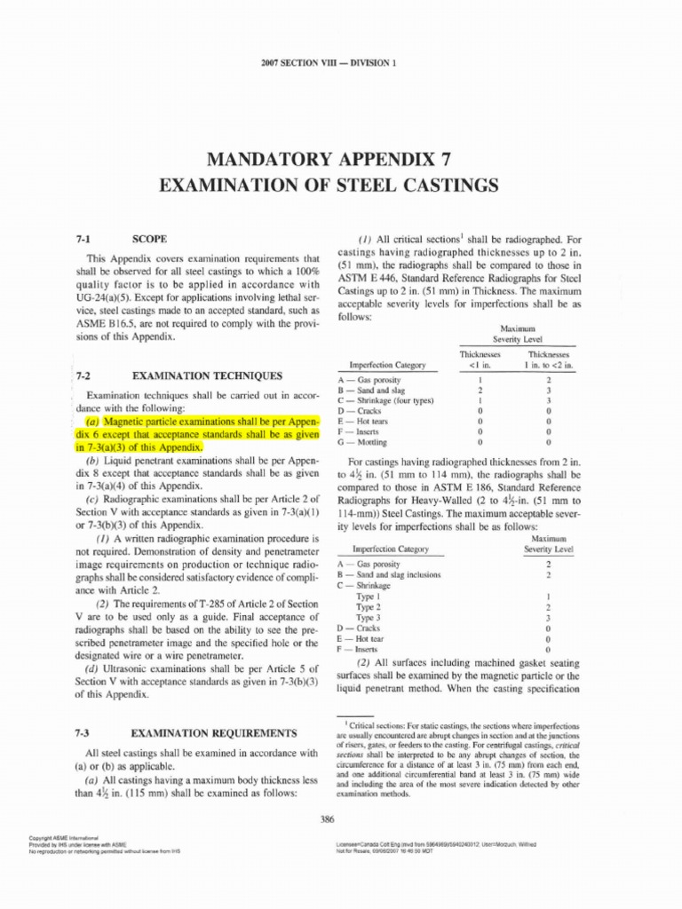 ASME 8 Div 1 Appendix 7 Examination of Steel Castings PDF | PDF ...