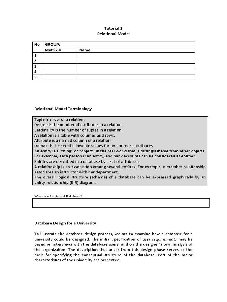 Tutorial 2 Relational Model No Group: Matrix # Name 1 2 3 4 5 | PDF