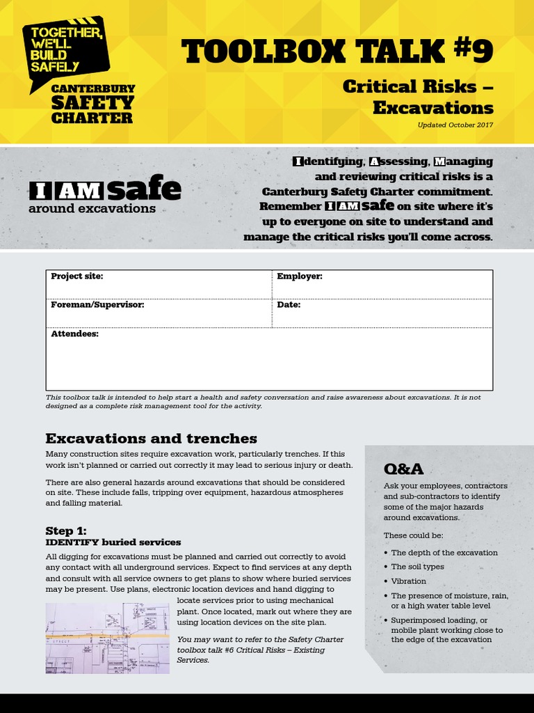 Toolbox Talk 9 Critical Risks Excavations Pdf Excavation