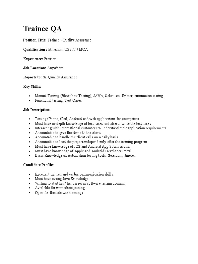 JD - Trainee QA | PDF