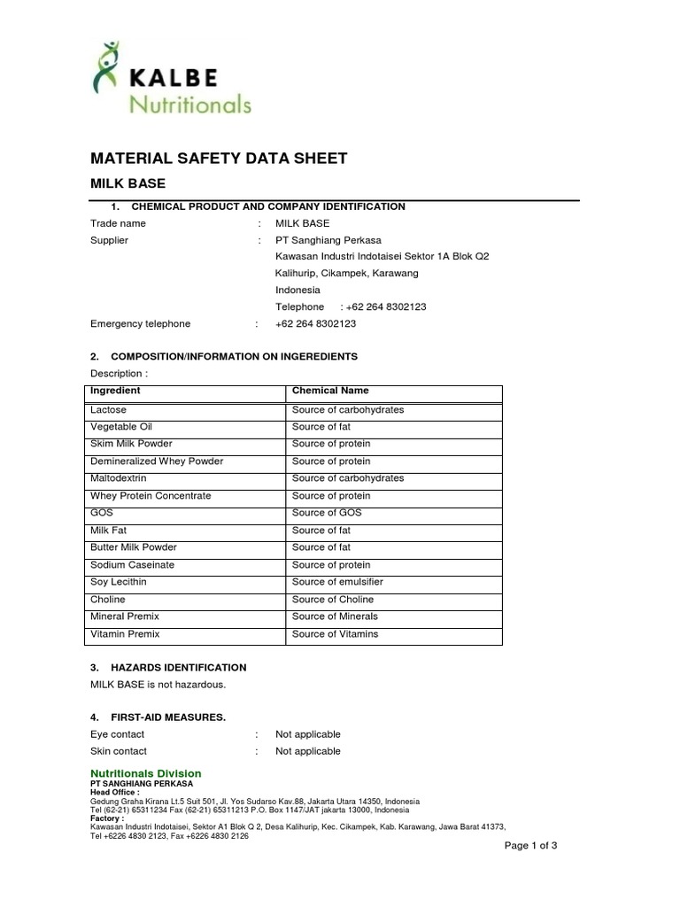 MSDS Milk Base | PDF | Milk | Toxicity