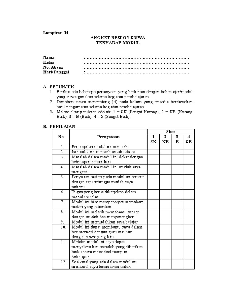 Lampiran 04 ANGKET RESPON SISWA | PDF
