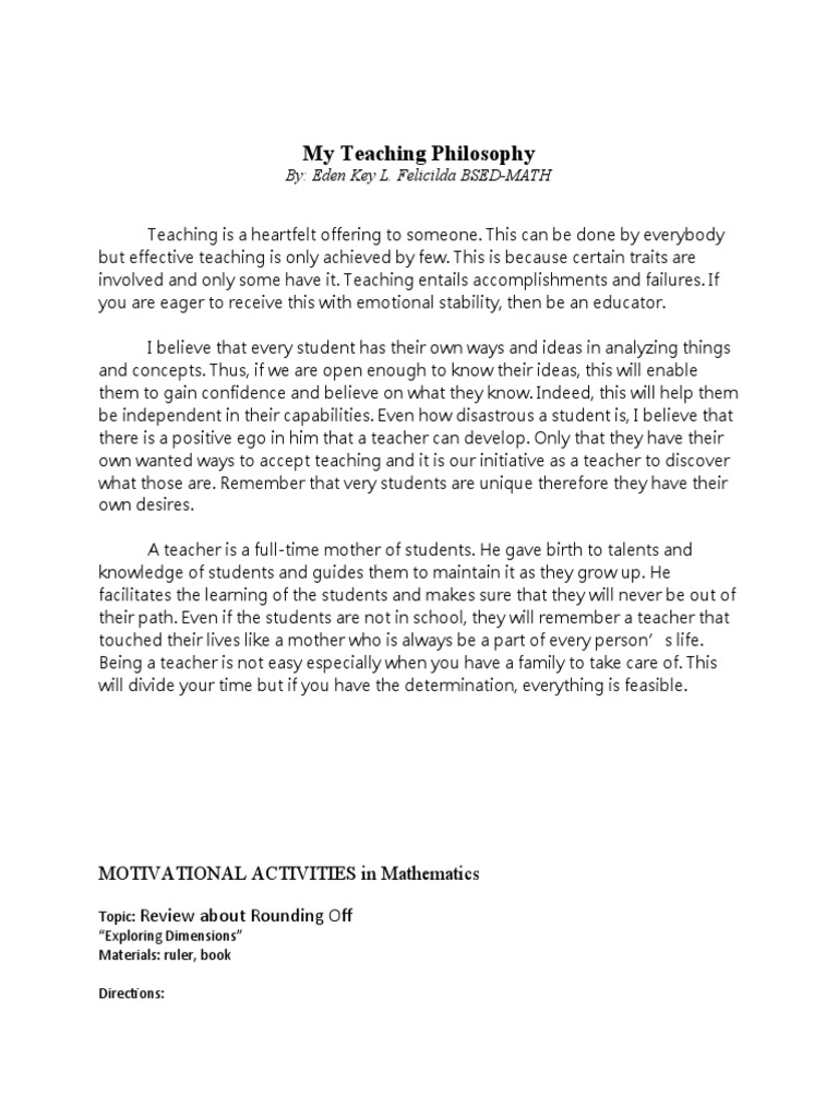 My Teaching Philosophy: By: Eden Key L. Felicilda BSED-MATH | PDF ...