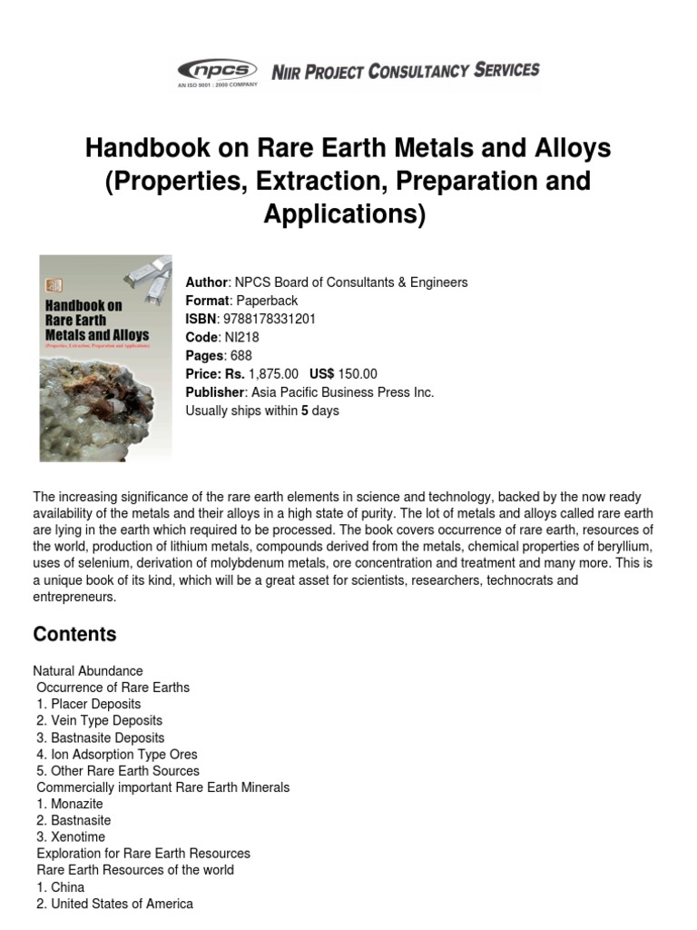 Handbook of RE and Alloys (P, E, Pre, App) | PDF | Lithium | Metals