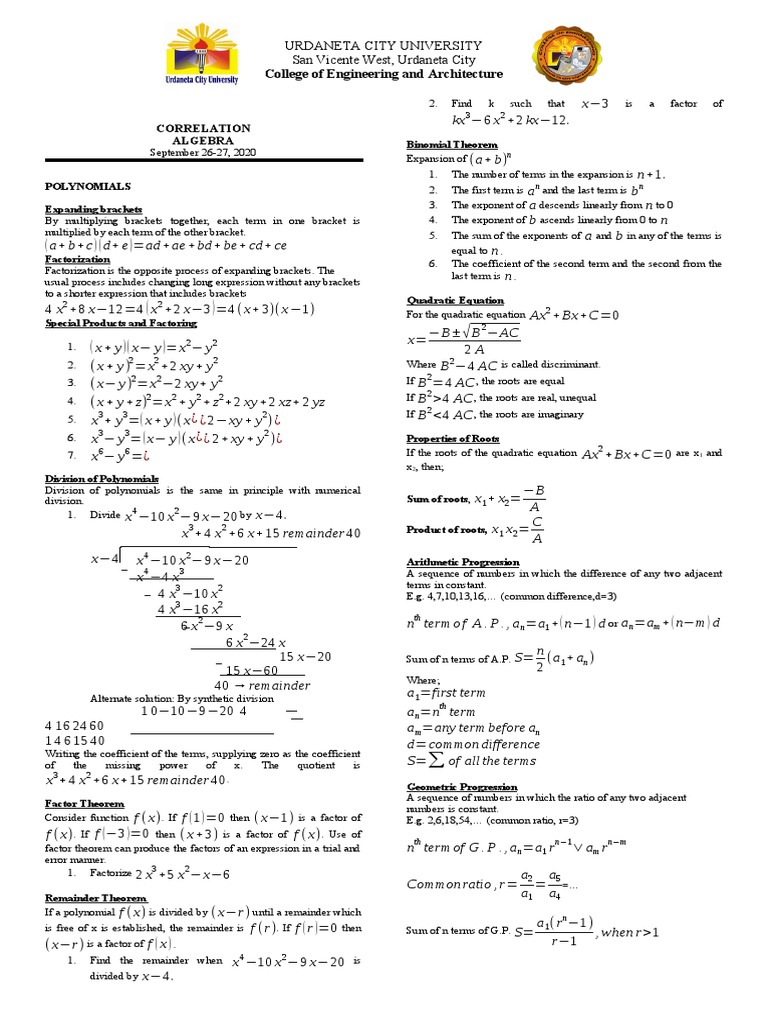 Correlation Algebra: College of Engineering and Architecture | PDF | Factorization | Algebra