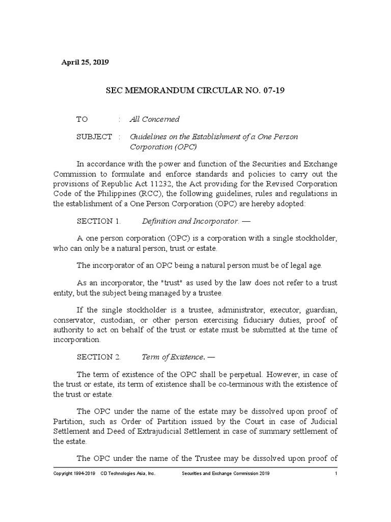 SEC Guidelines On Establishment of OPC | PDF | Trust Law | Trustee