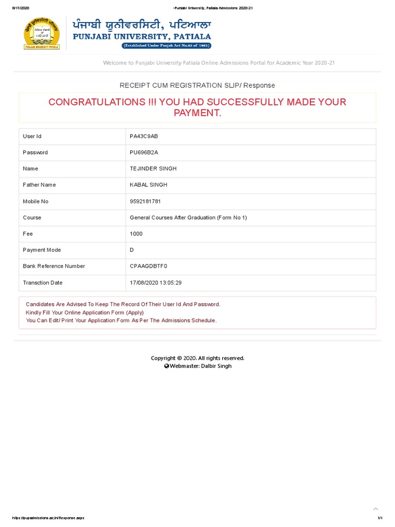 Congratulations !!! You Had Successfully Made Your Payment.: Receipt Cum Registration Slip ...