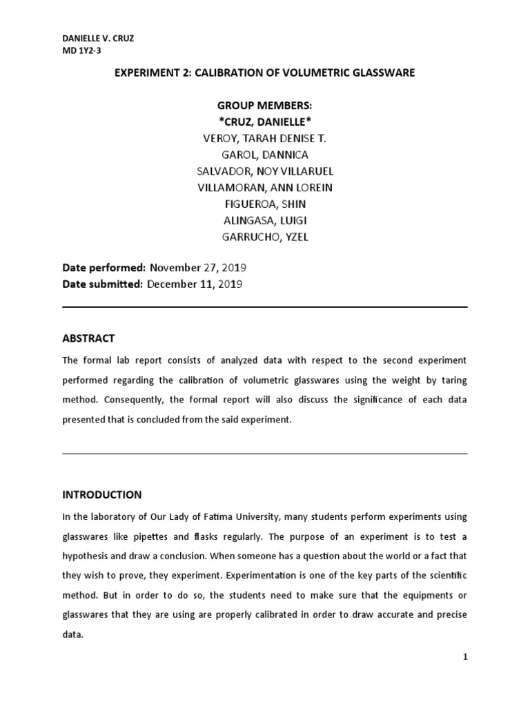 Calibration of Volumetric Glassware Formal Reports | PDF | Standard ...