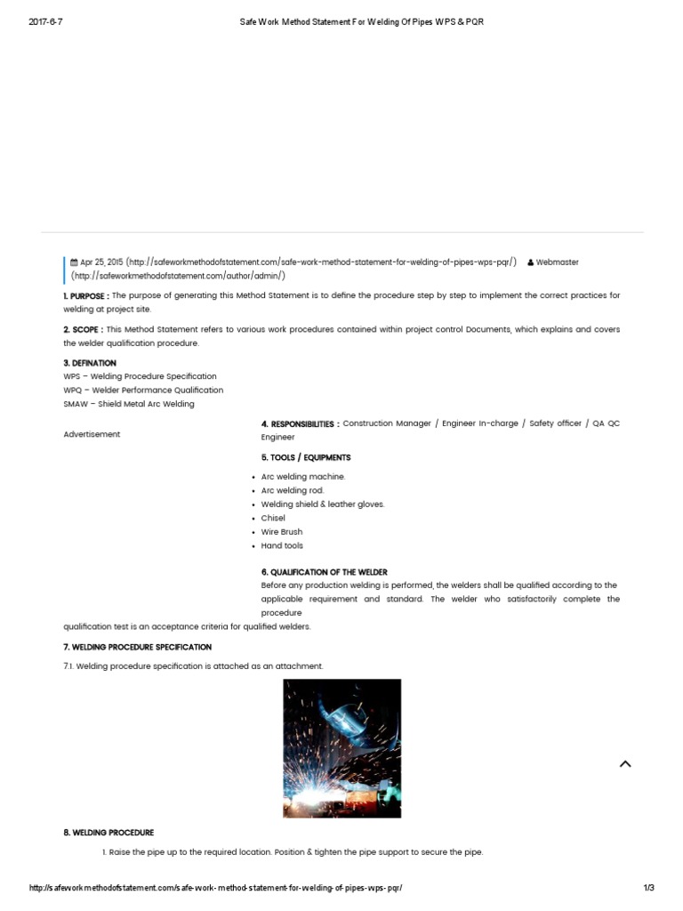 Safe Work Method Statement For Welding of Pipes WPS PQR | PDF | Welding ...