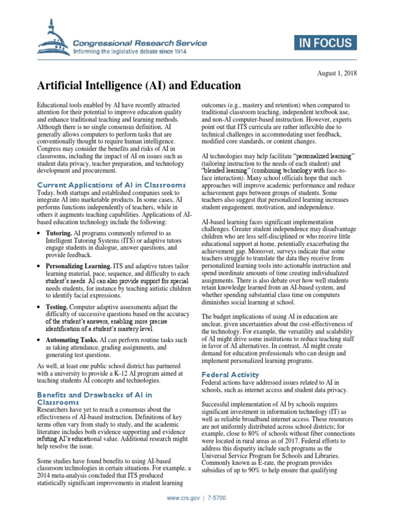 Artificial Intelligence (AI) and Education: Current Applications of AI ...