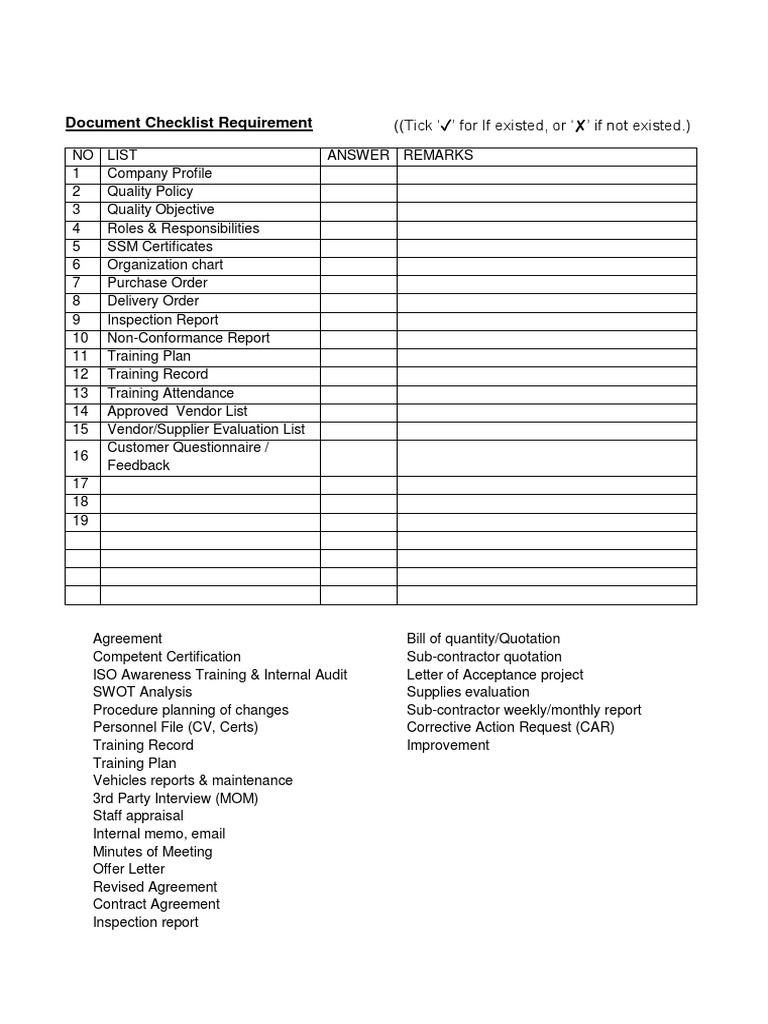 Document Checklist Requirement: ( (Tick ' For If Existed, or ' If Not ...