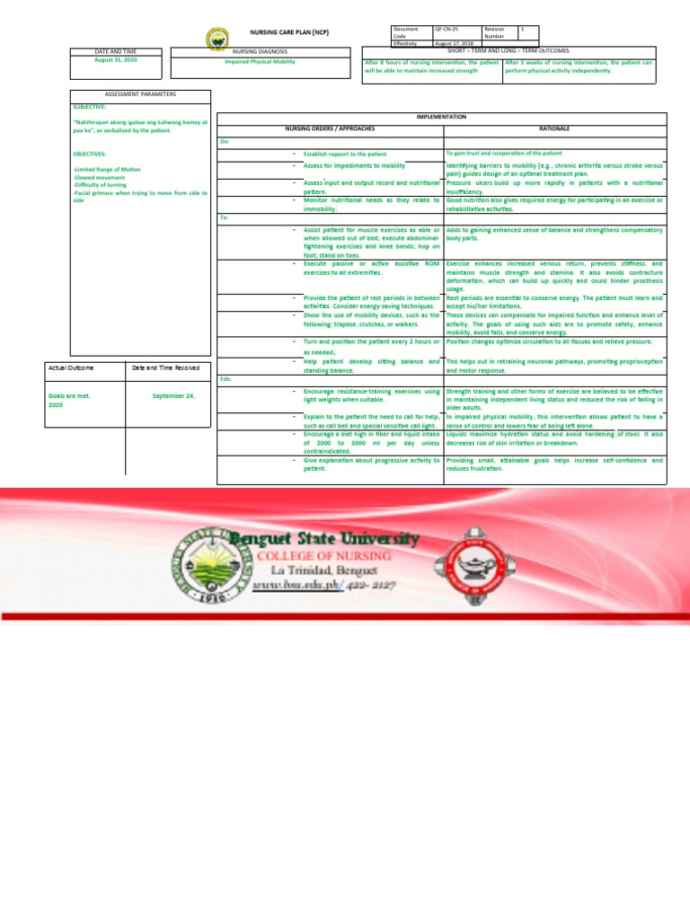 Nursing Care Plan for Impaired Mobility | PDF | Stroke | Strength Training