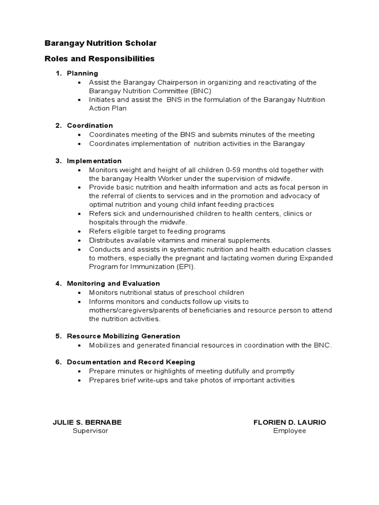 Barangay Nutrition Scholar Roles and Responsibilities: 1. Planning | PDF