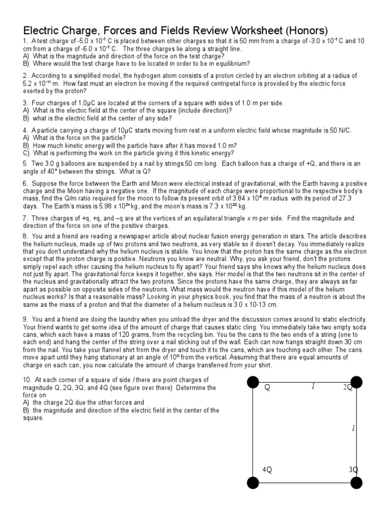 Electric Charge, Forces and Fields Review Worksheet (Honors) | PDF ...