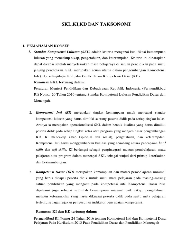 Resume KB 1 SKL, Ki, KD Dan Taksonomi PDF | PDF