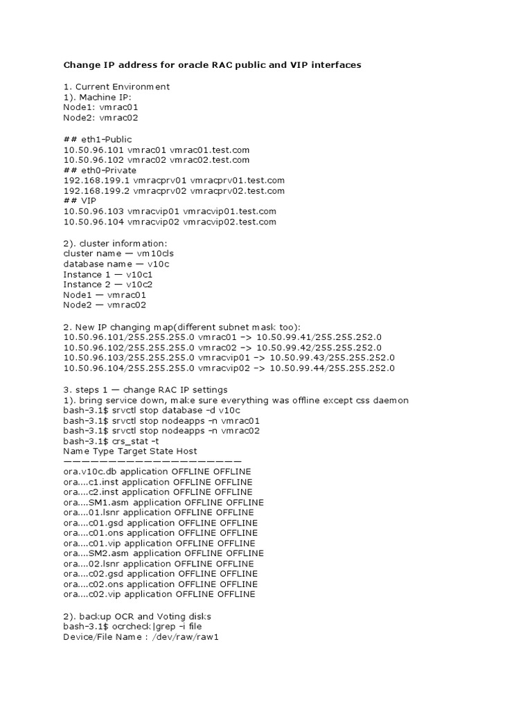 Change IP Address For Oracle RAC Public and VIP | Download Free PDF ...