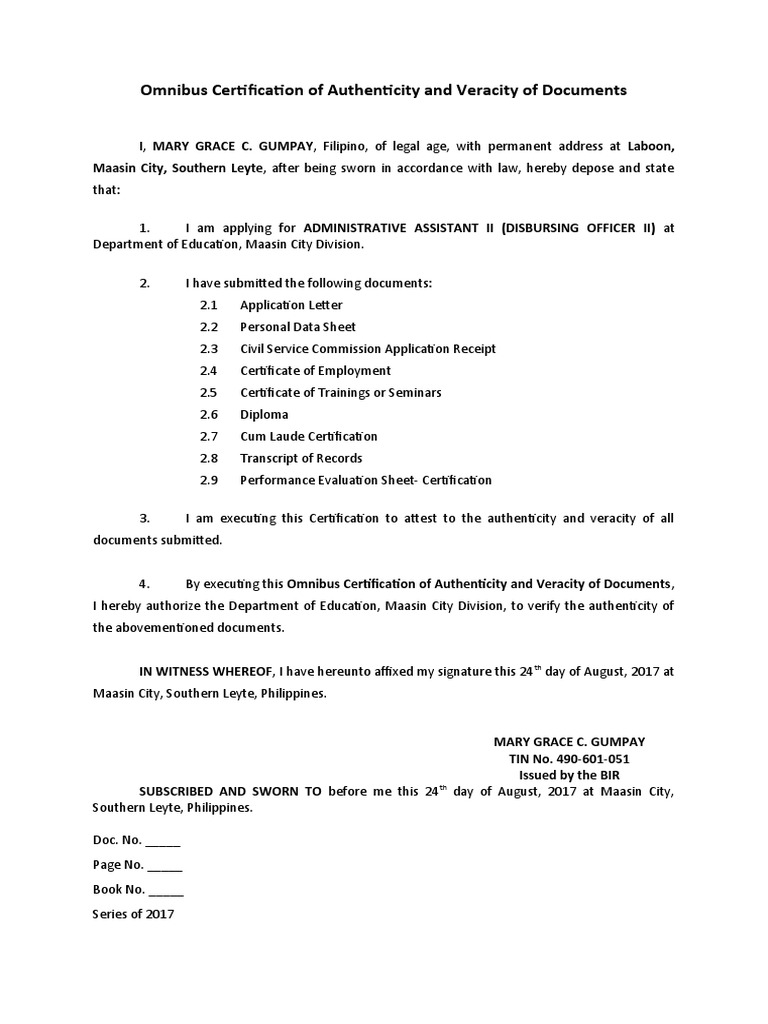 Omnibus Certification-Deped | PDF