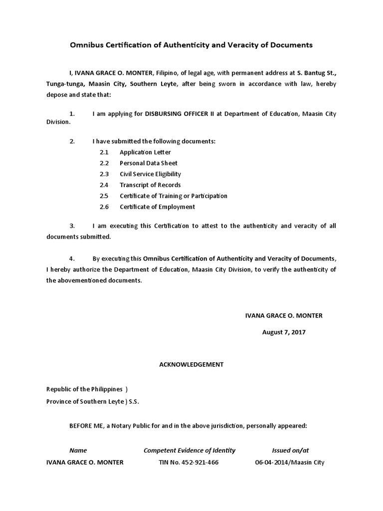Omnibus Certification of Authenticity and Veracity of Documents | PDF