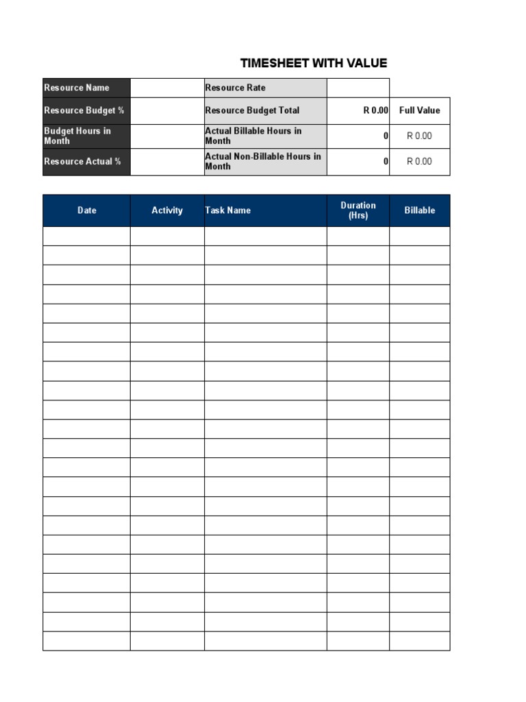Timesheet With Value: Resource Name Resource Budget % Budget Hours in ...