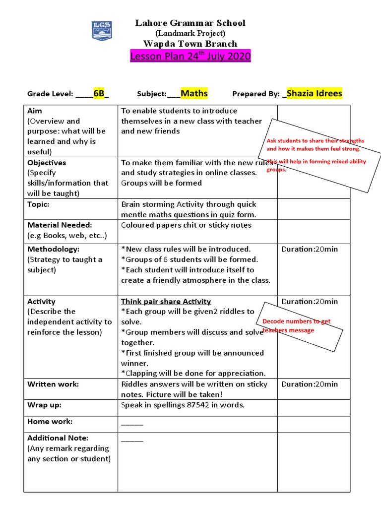 Lesson Plan 24 July 2020: Lahore Grammar School Wapda Town Branch | PDF