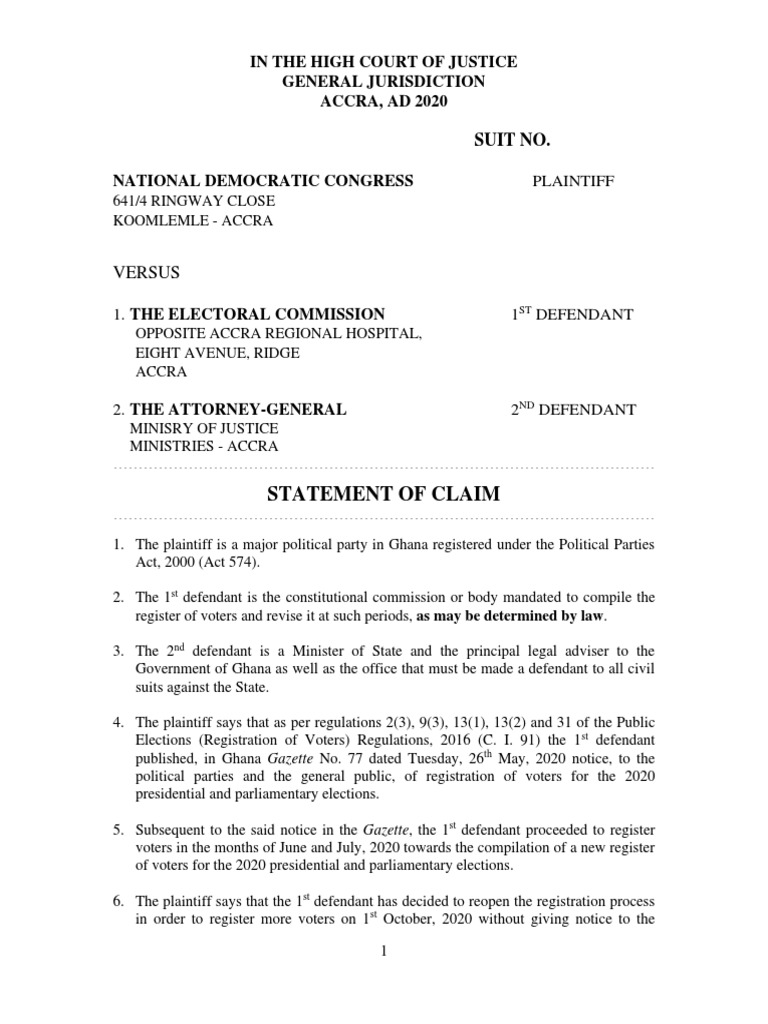 STATEMENT OF CLAIM - NDC v. EC and AG PDF | PDF | Lawsuit | Judiciaries