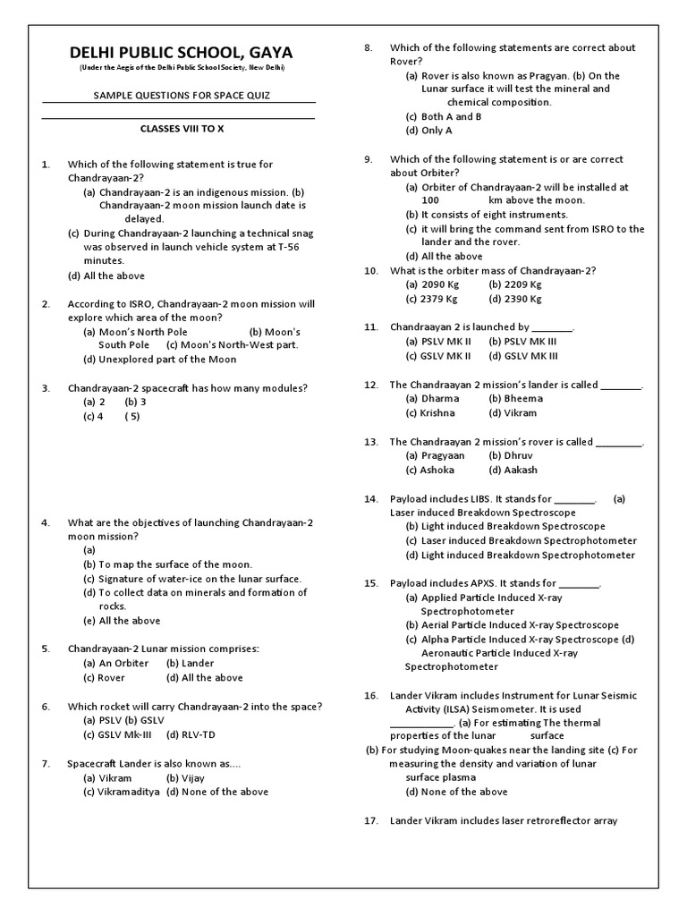 DPS Space Quiz With Answers | PDF | Moon | Planets