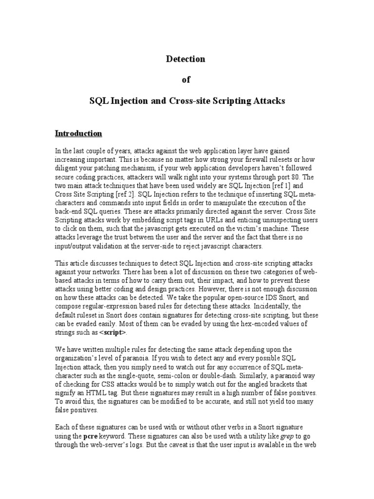 Detection of SQL Injection and Cross-Site Scripting Attacks | PDF | Internet | Cyberspace