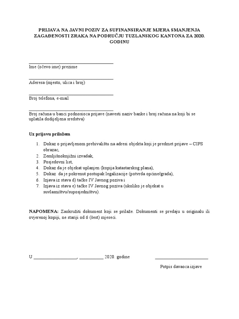 Obrazac Za Prijavu Na Javni Poziv | PDF