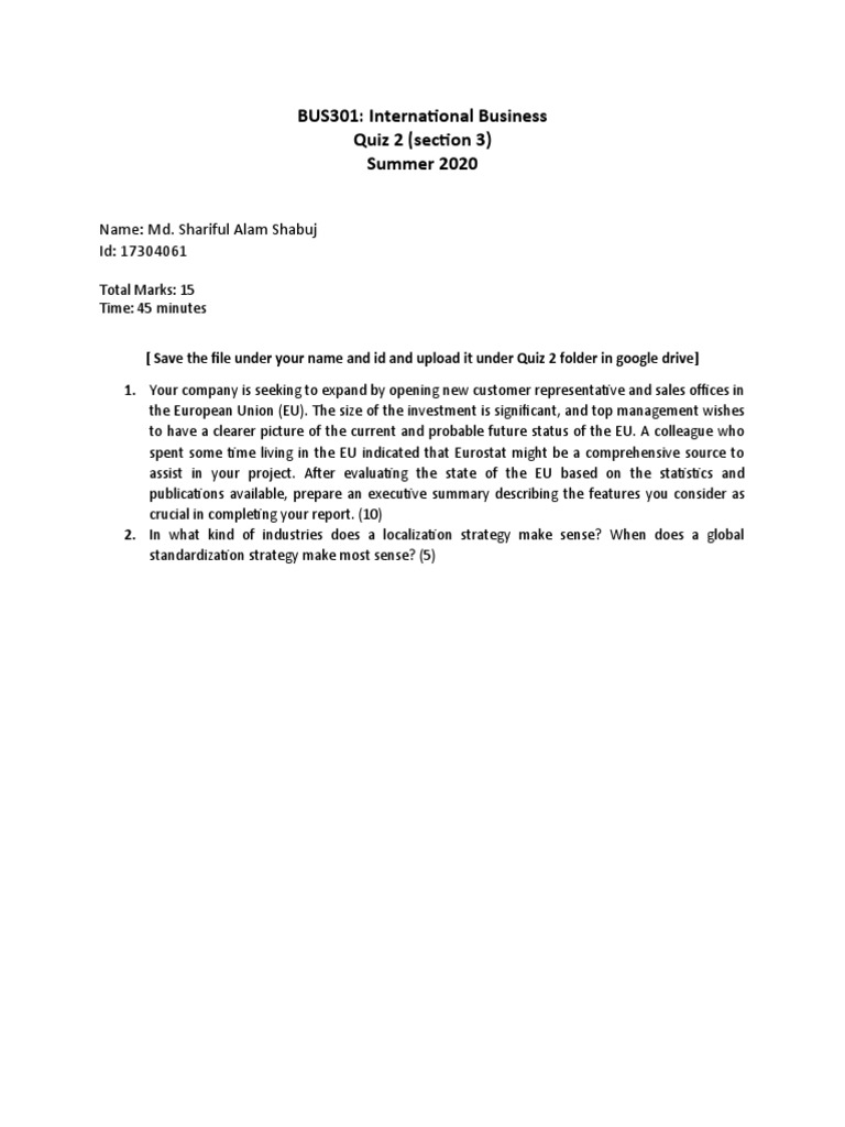 MD Shariful Alam Shabuj - Quiz 2 | PDF | European Union | Investor