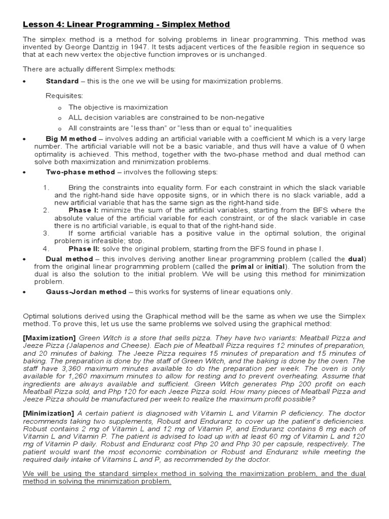 Lesson 4: Linear Programming - Simplex Method | PDF | Linear Programming | Mathematical Optimization