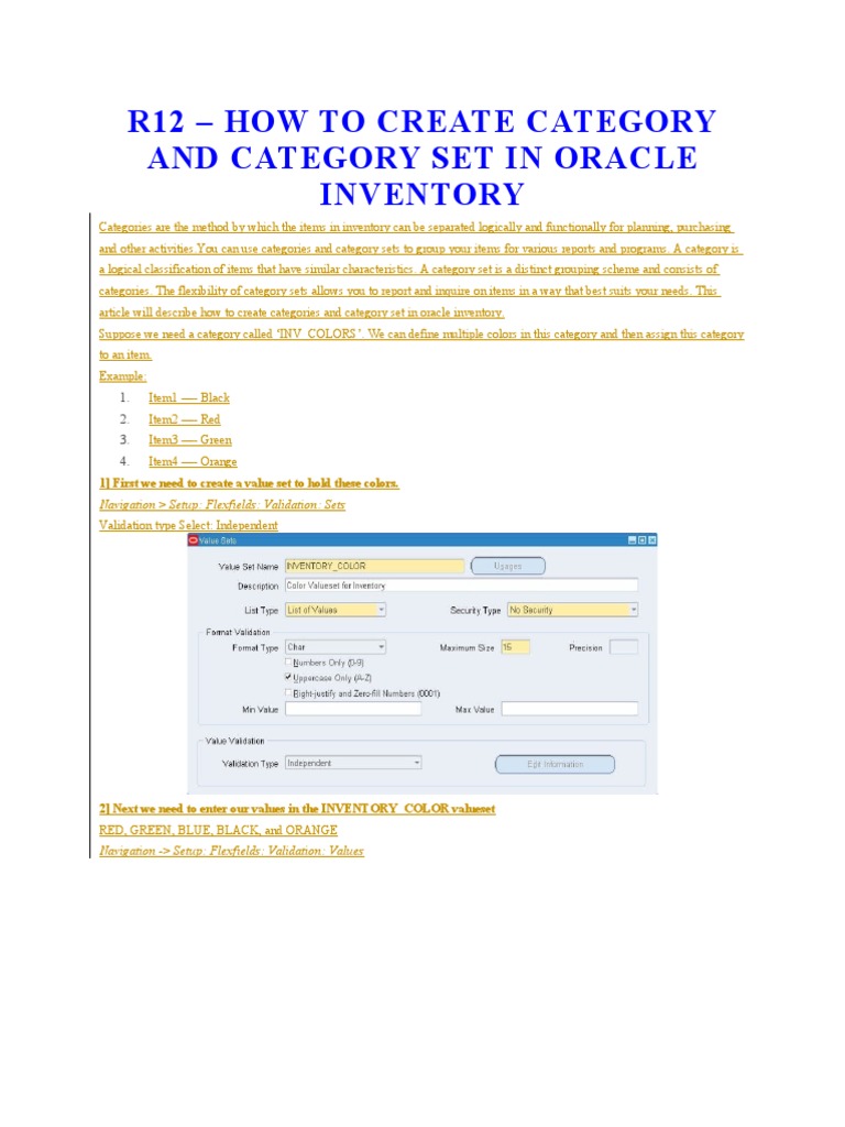 R12 - How To Create Category and Category Set in Oracle Inventory | PDF ...