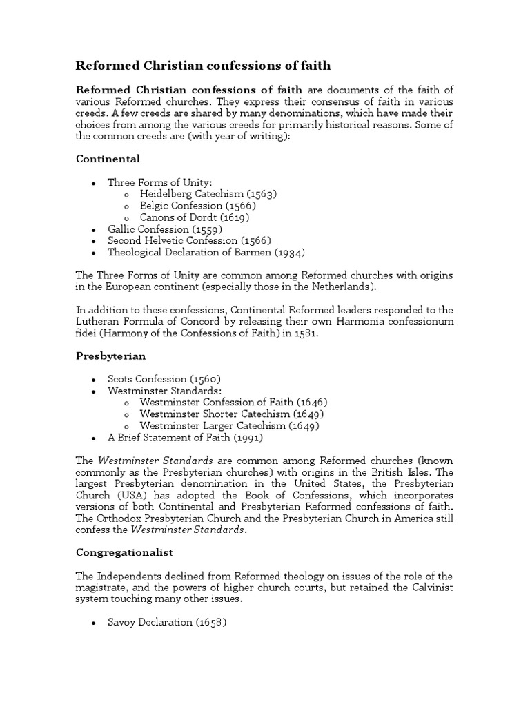 Reformed Christian Confessions of Faith | PDF