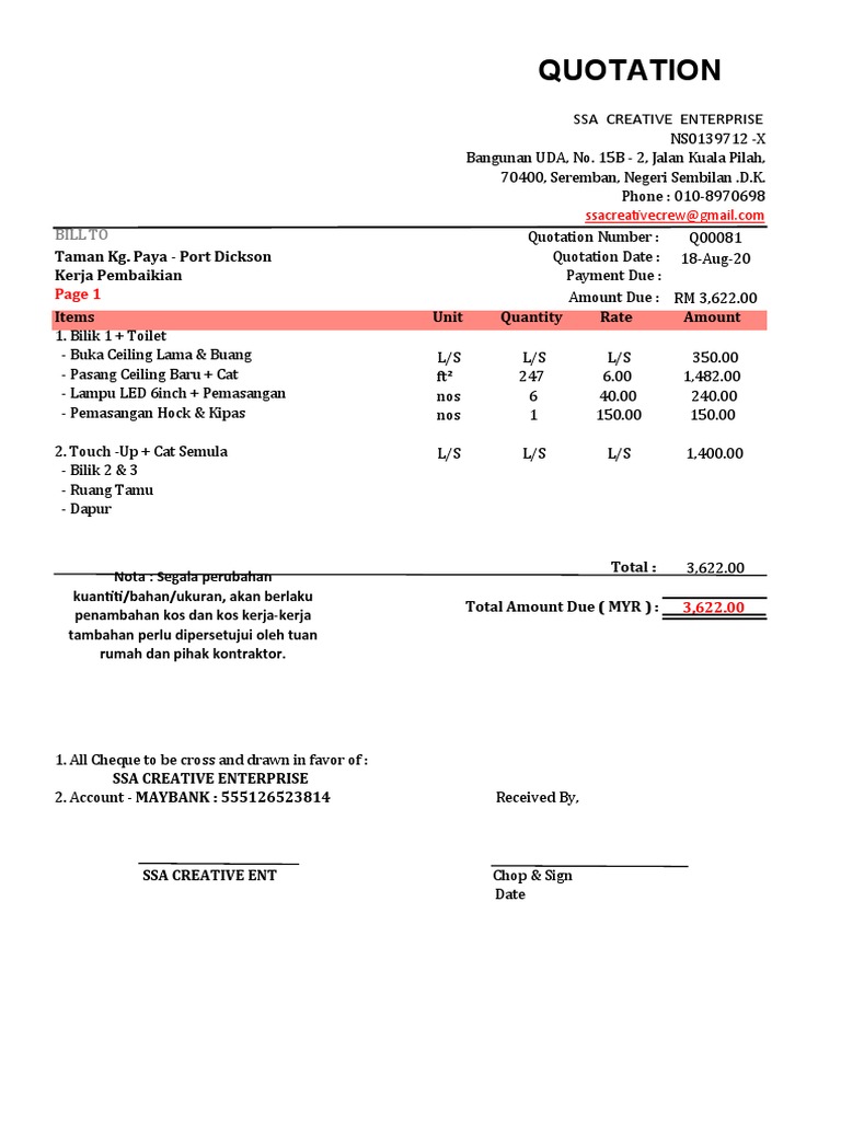 Renovation Quotation for Home Repairs Including Ceiling Work, Lighting ...