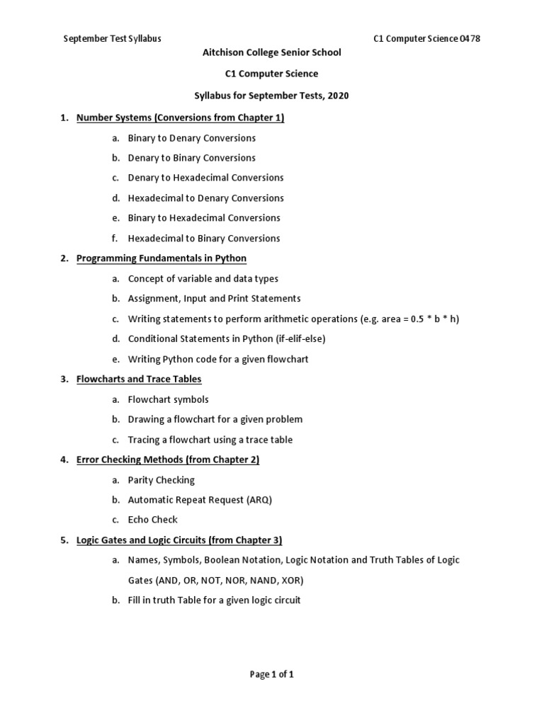 September Test Syllabus C1 Computer Science 0478 | PDF
