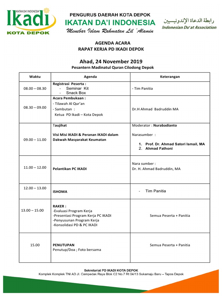 Agenda Acara Raker Ikadi 2019 | PDF