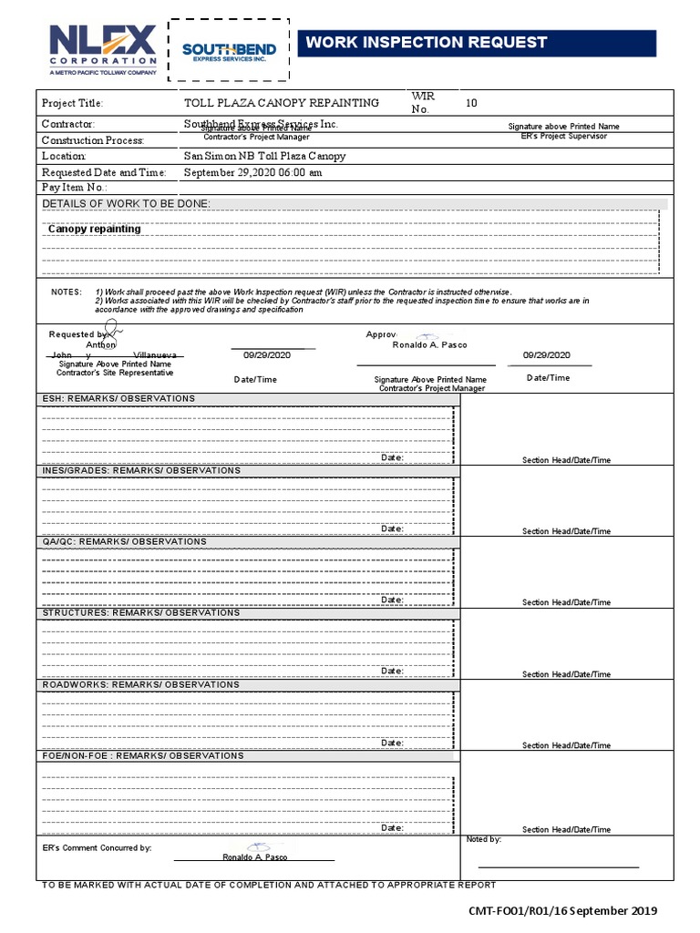 CMT-FO01-R11-Work Inspection Request-San Simon | PDF | Business