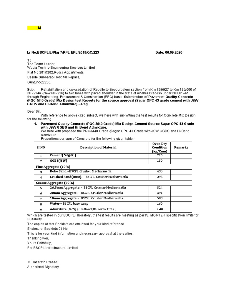 Submission of M40 PQC Concrete Mix Designs (Sagar Cement With GGBS & Hi ...