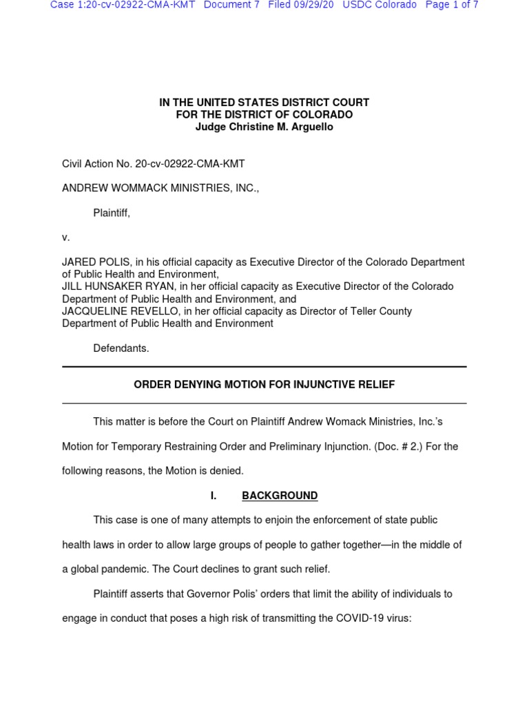 Andrew Wommack Ministries v. Jared Polis, Et Al.: Order Denying Motion For Injunctive Relief ...