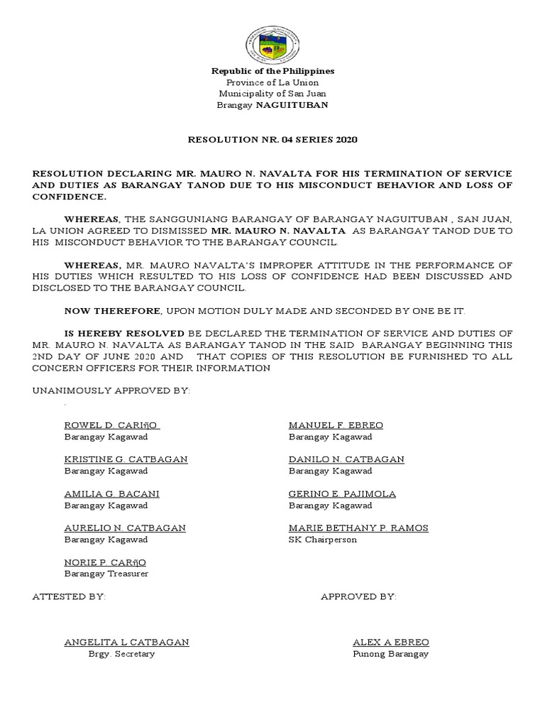 Resolution Declaring the Termination of Mr. Mauro N. Navalta from his ...