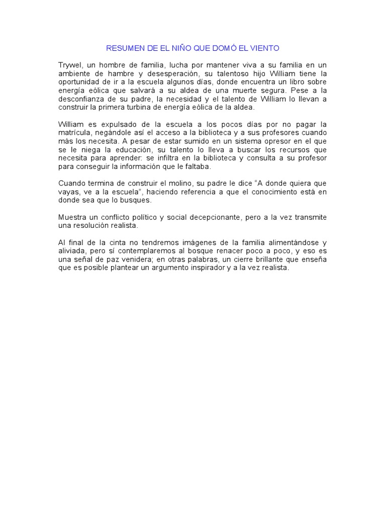 Resumen de El Niño Que Domó El Viento | PDF