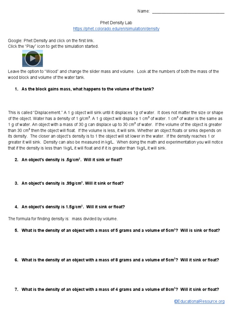 Phet Density Mass and Volume Lab | PDF | Buoyancy | Density