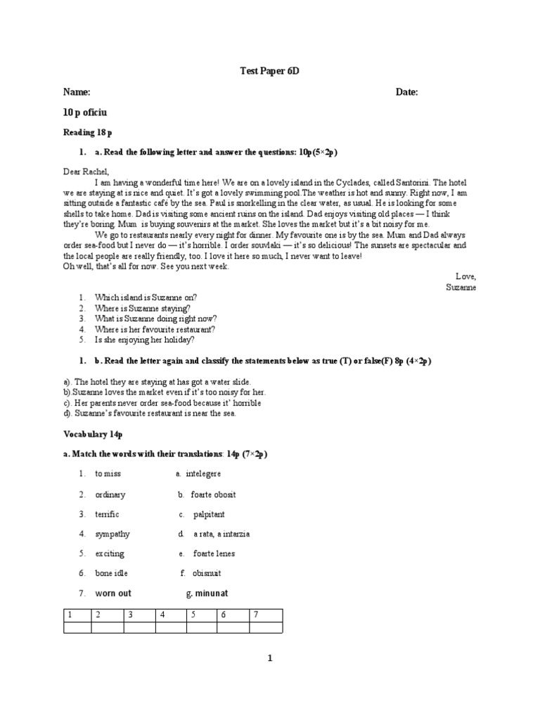 Test Paper 6D Name: Date: 10 P Oficiu | PDF
