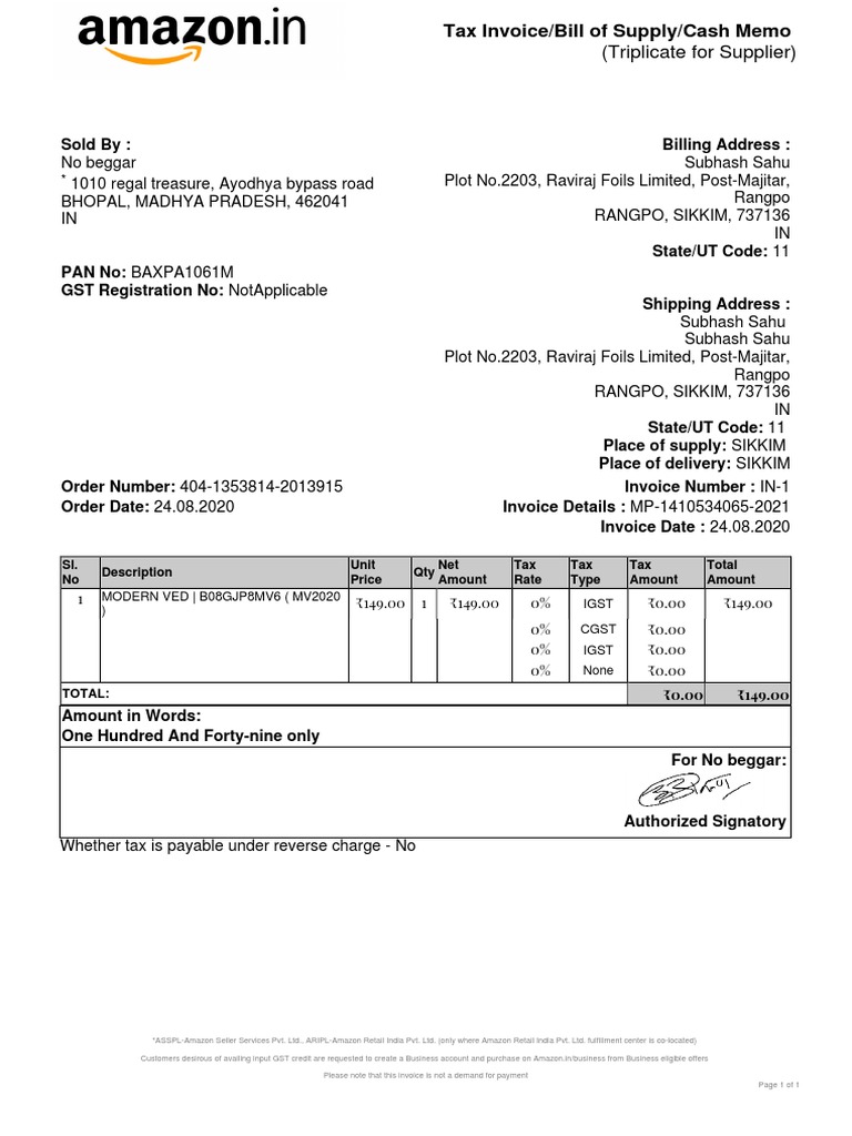 Tax Invoice/Bill of Supply/Cash Memo: (Triplicate For Supplier) | PDF ...
