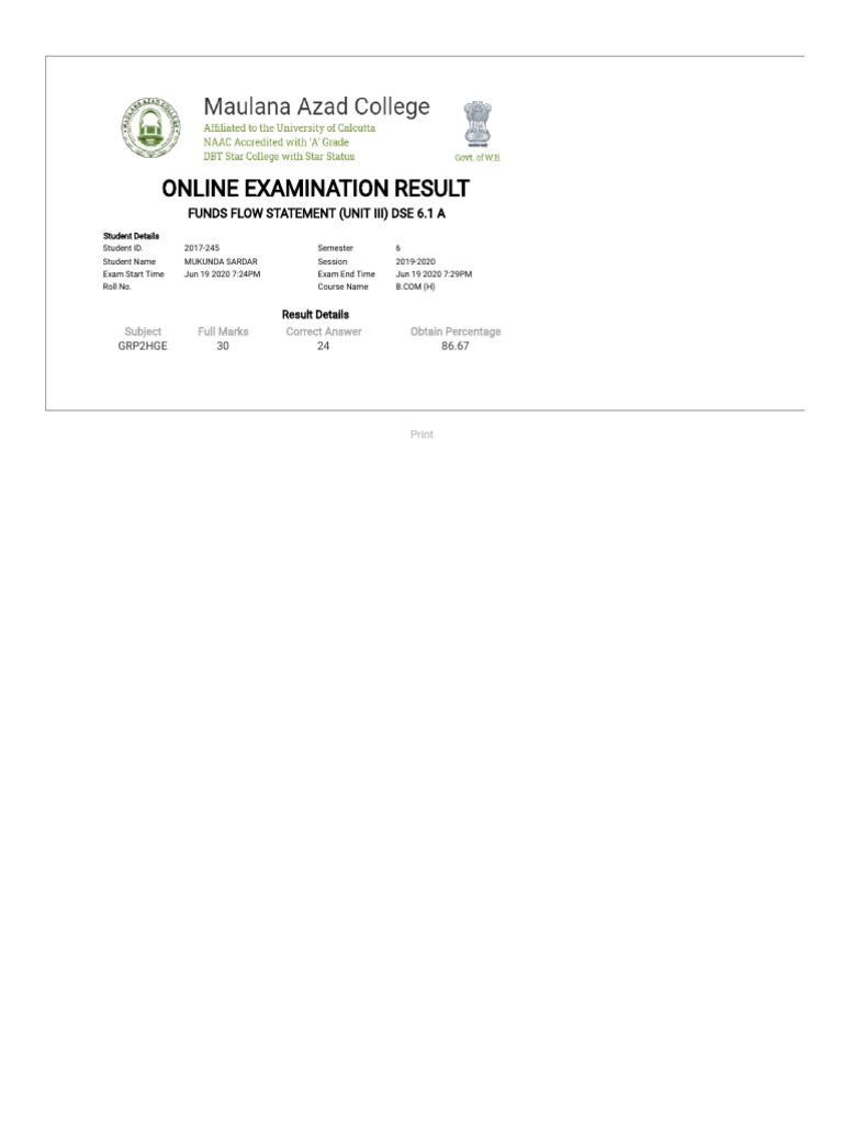 Online Examination Result: Funds Flow Statement (Unit Iii) Dse 6.1 A | PDF