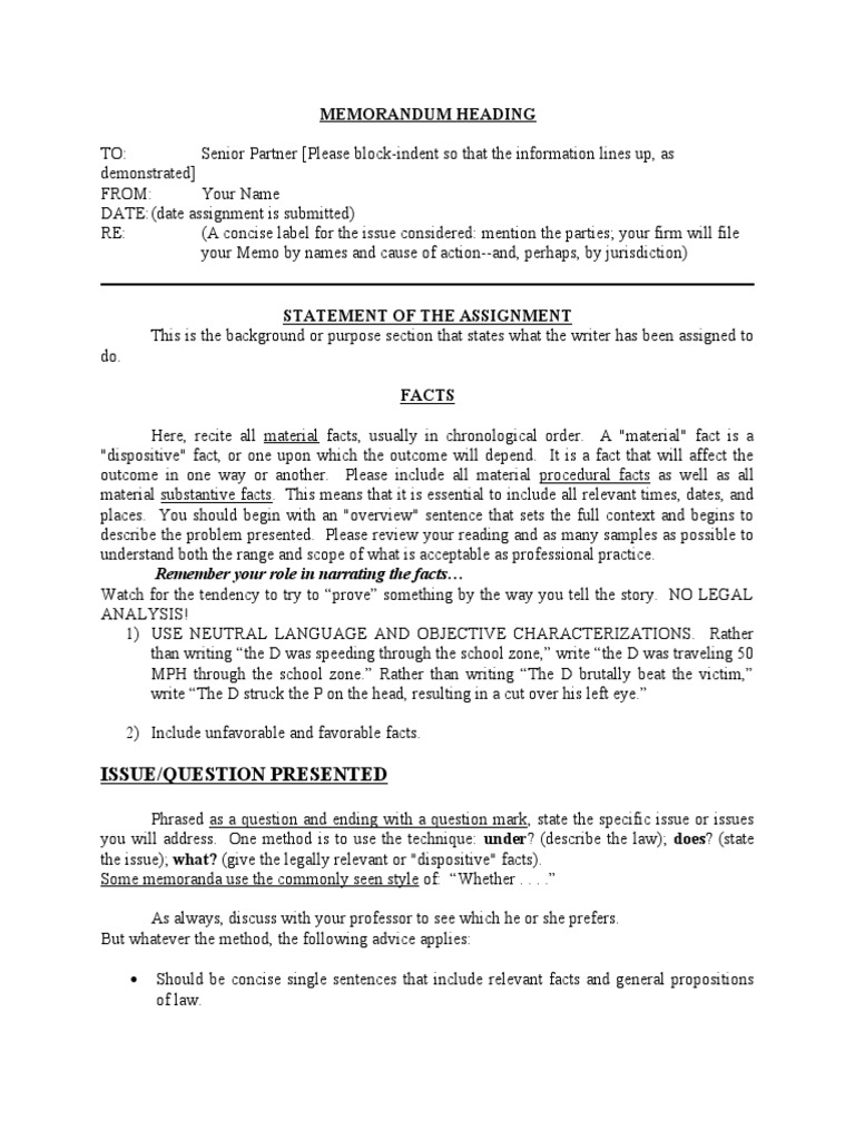 Memorandum Heading: Issue/Question Presented | Download Free PDF ...