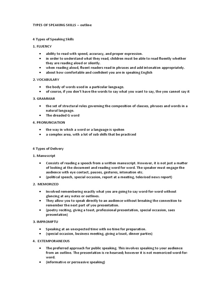 TYPES OF SPEAKING SKILLS - Outline | PDF