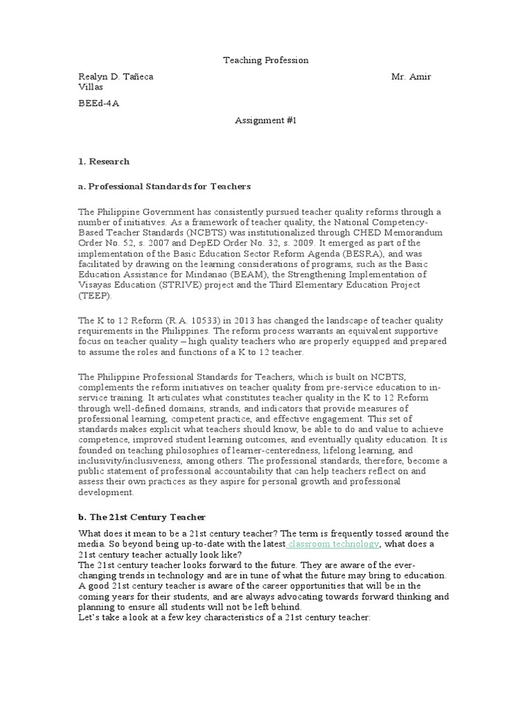 Teaching Profession - Assignment1 - Realyn T | PDF | Teachers | Expert